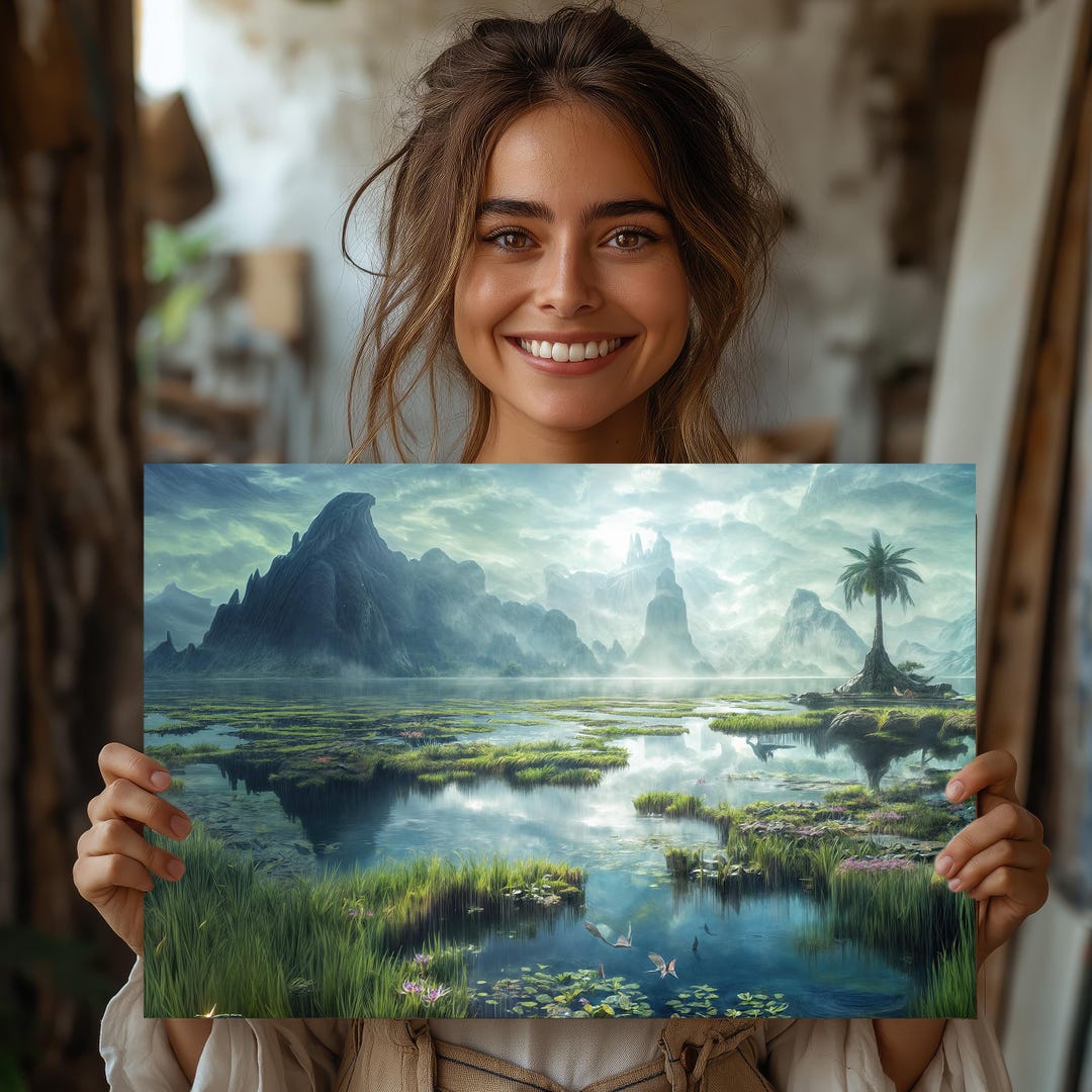 Mystical Wetland Landscape Print – Fantasy Nature Digital Art – Serene ...