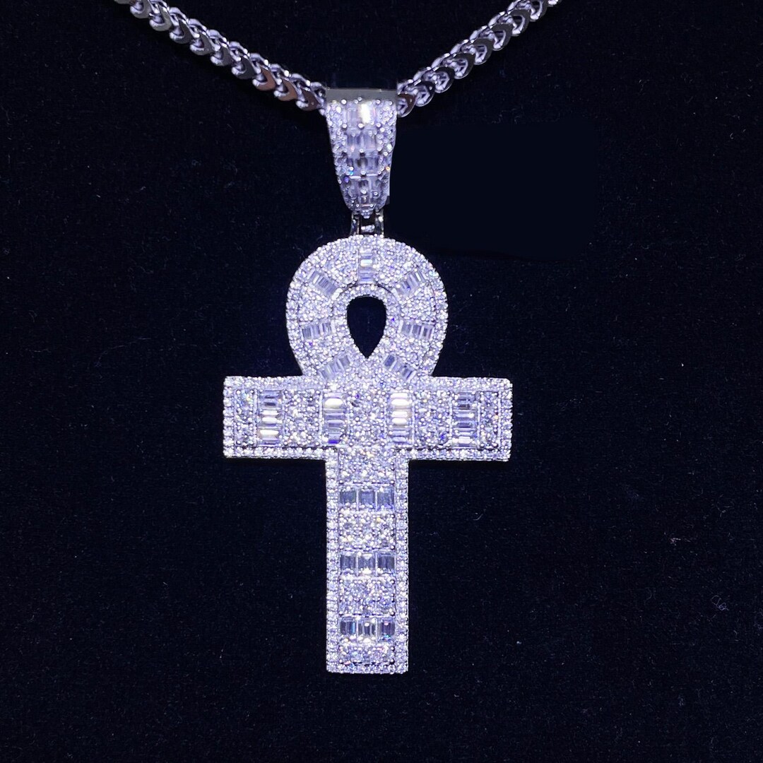 Ankh Cross Jesus Pendant Charm Diamond Cut White Gold Plated Moissanite ...