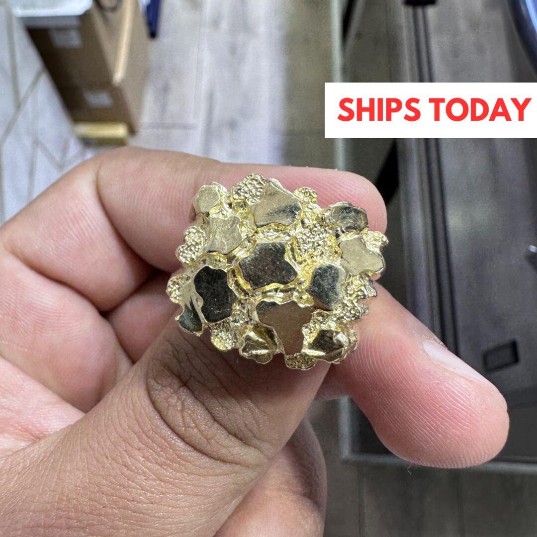 10K REAL Solid Gold Nugget Ring, Square Nugget Ring, Women's & Men's ...