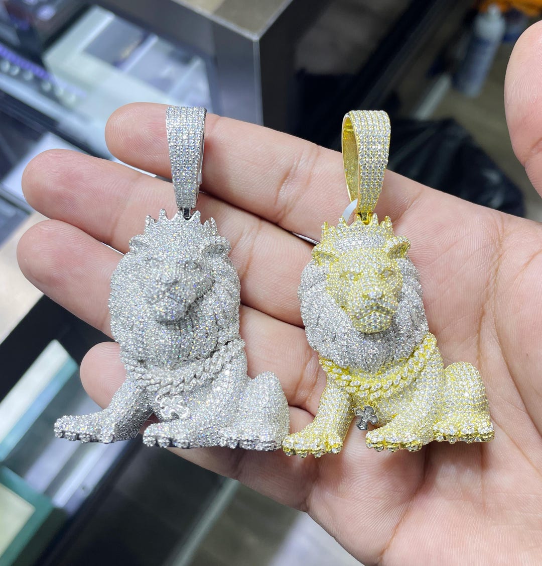 Iced Out Lion Pendant: 13.14 CTW VVS Moissanite, Sterling Silver Hip ...