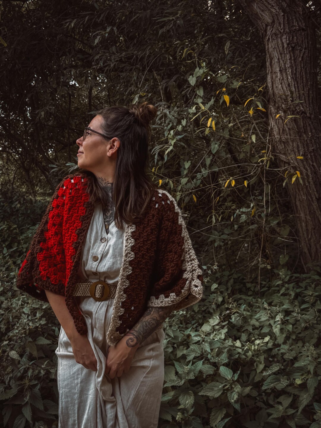 Hexagon Crochet Jacket S • Hippie Boho Autumn Cardigan • Red Brown ...