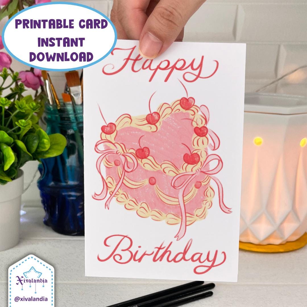 Printable Pink Vintage Cake Greeting Card, Happy Birthday PDF, 10x15cm ...