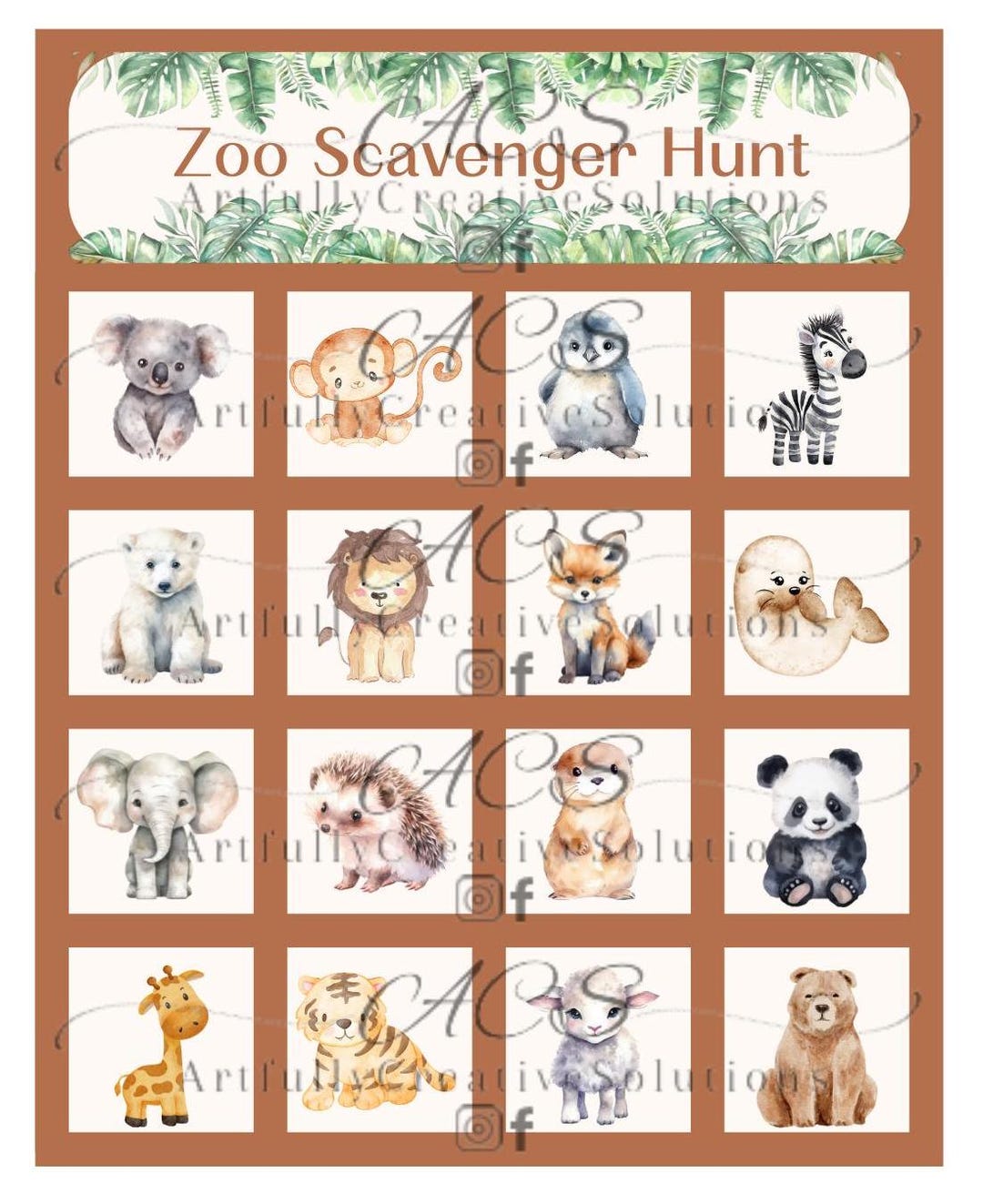 Cute Zoo Animal Scavenger Hunt for Childrens Birthday Party; Kids 1 ...
