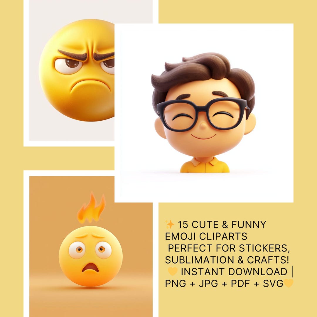 Emoji Clipart Bundle | 15 Kawaii Emoticon Stickers Digital Download for ...