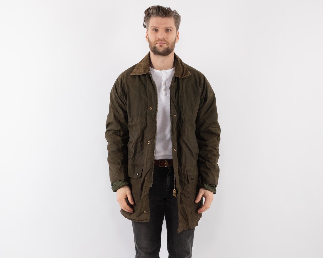 90s Green Wax Jacket, Men Size L/XL Vintage Wax Jacket, Vintage Field ...
