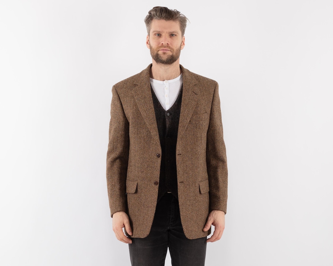90's Men Herringbone Tweed Blazer Jacket, Size M/L Men Tweed Blazer ...