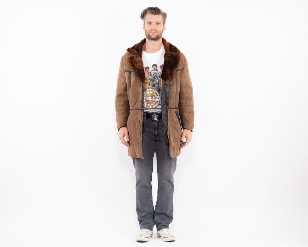 70s Distressed Sheepskin Cowboy Coat - Men's Vintage Western Overcoat L ...