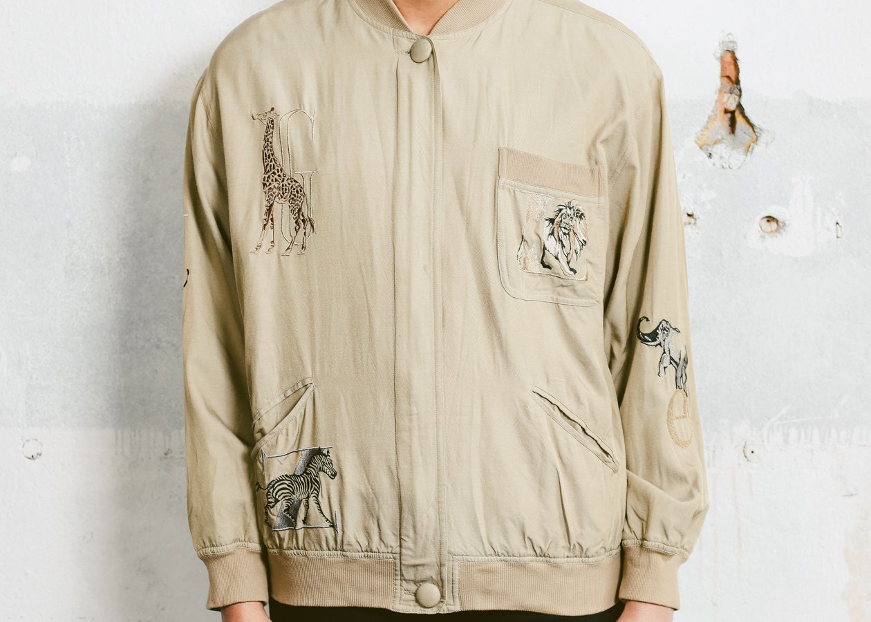 Vintage Bomber . 90s Men's Jacket 1990s Grunge Hipster Beige Animal ...