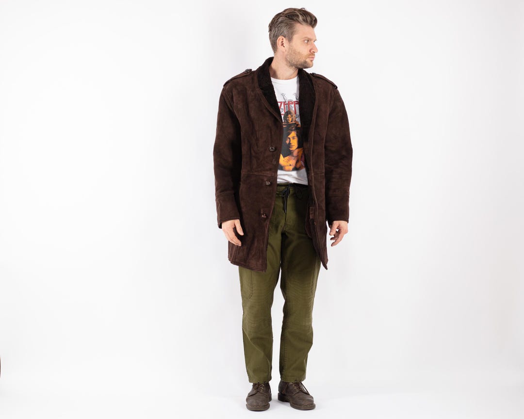 70s Brown Sheepskin Coat, Vintage Western Overcoat, Men's Size L - Etsy