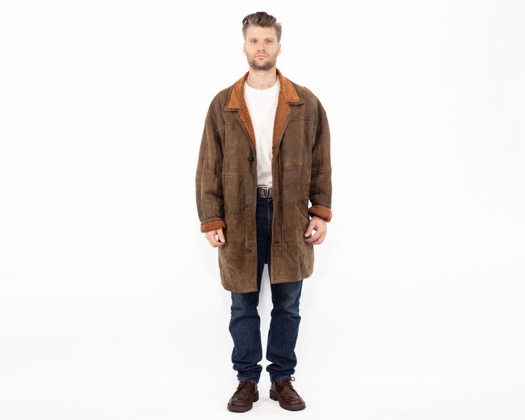 90s Distressed Sheepskin Coat - Shearling Overcoat Men's Size XL - Etsy