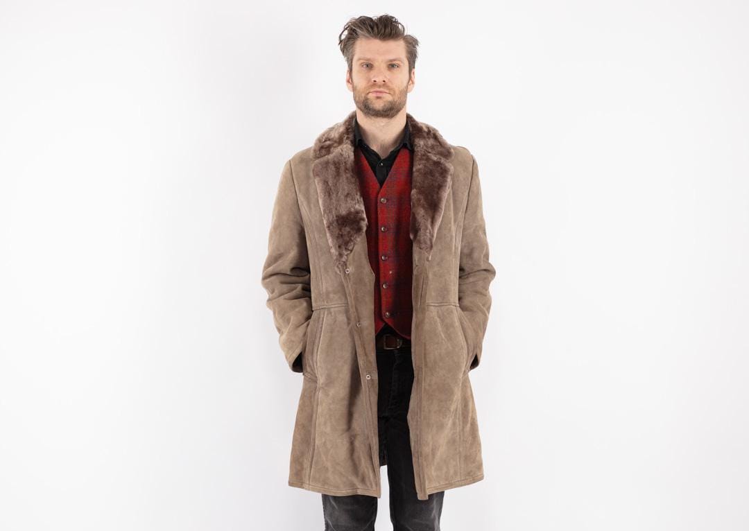 70s Men Distressed Sheepskin Coat, Size L Vintage Sheepskin Coat ...