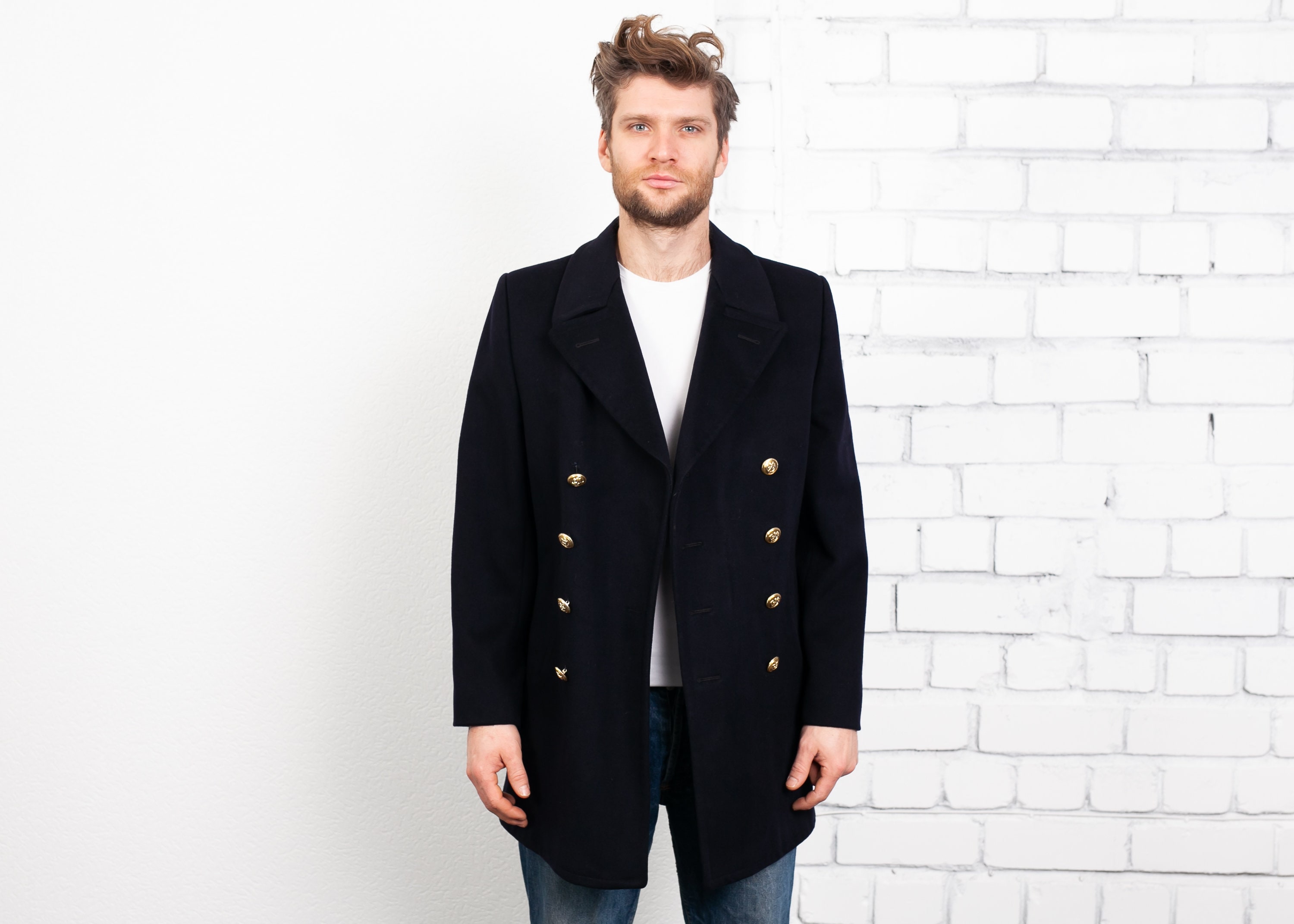 Vintage Men Sailor Coat . 80s Navy Blue Pea Coat Jacket Military Naval ...