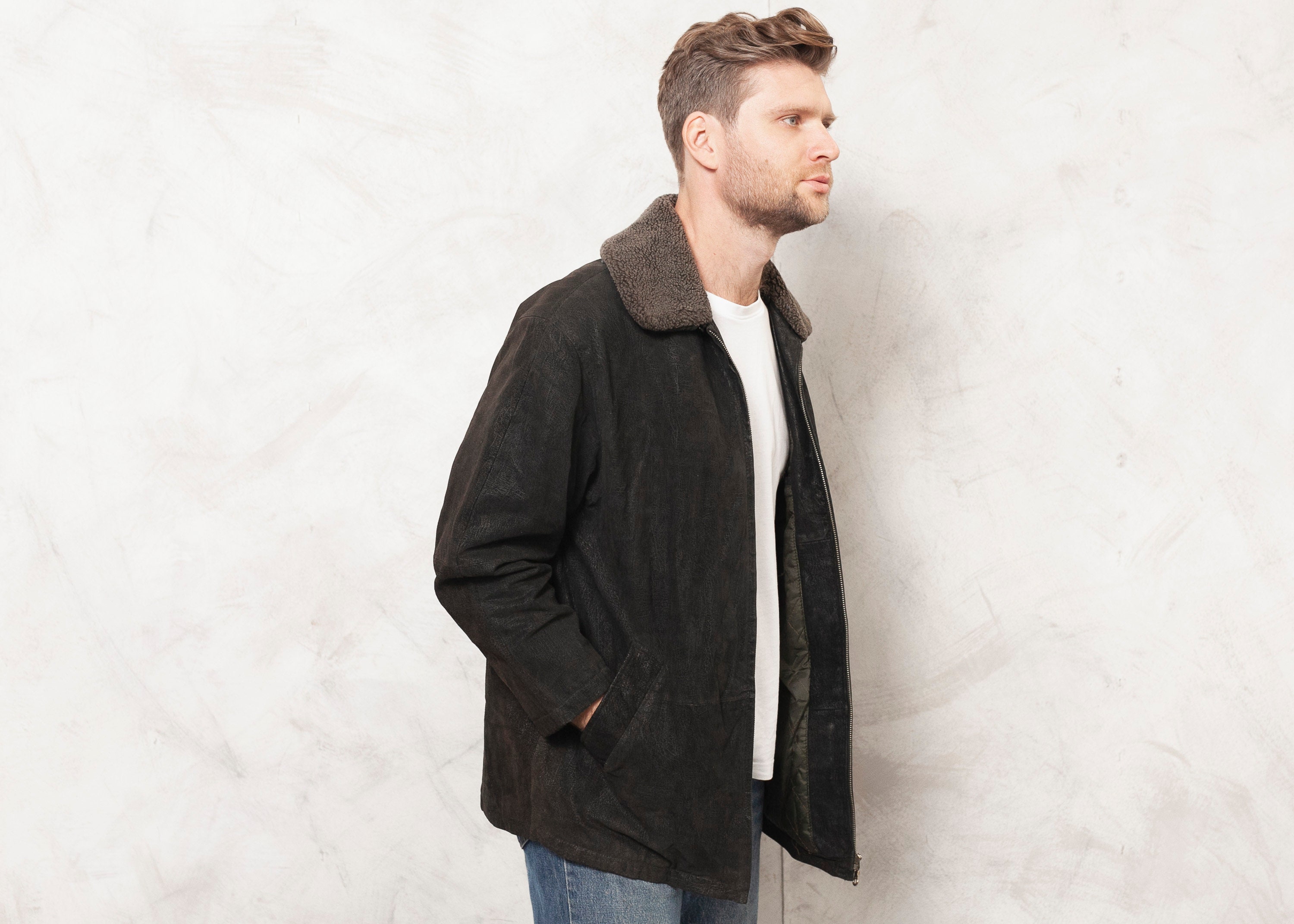 Vintage 90's Suede Jacket Men Casual Jacket 90s Zip Up Jacket Men ...