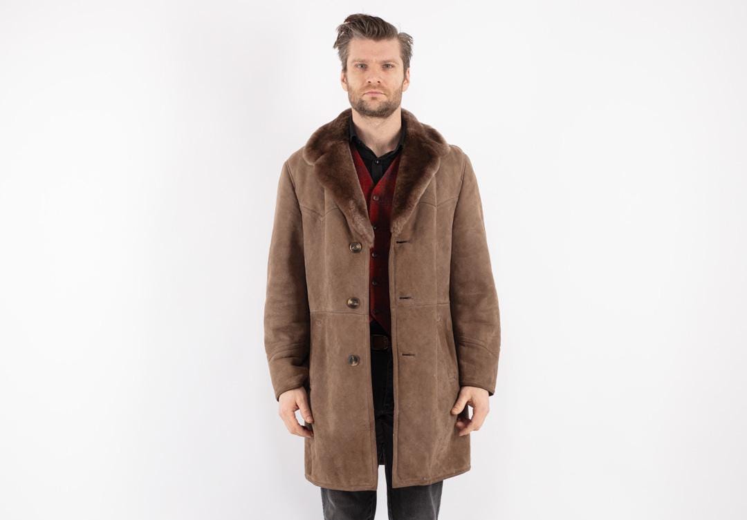 70s Vintage Beige Sheepskin Coat, Distressed Western Overcoat, Men's ...