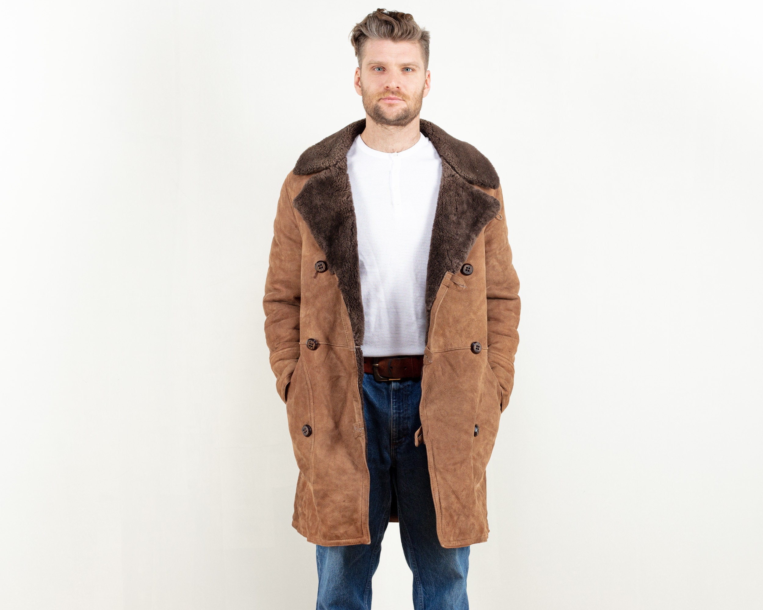 Mens Shearling Winter Coat men shearling vintage 70's coat western coat ...