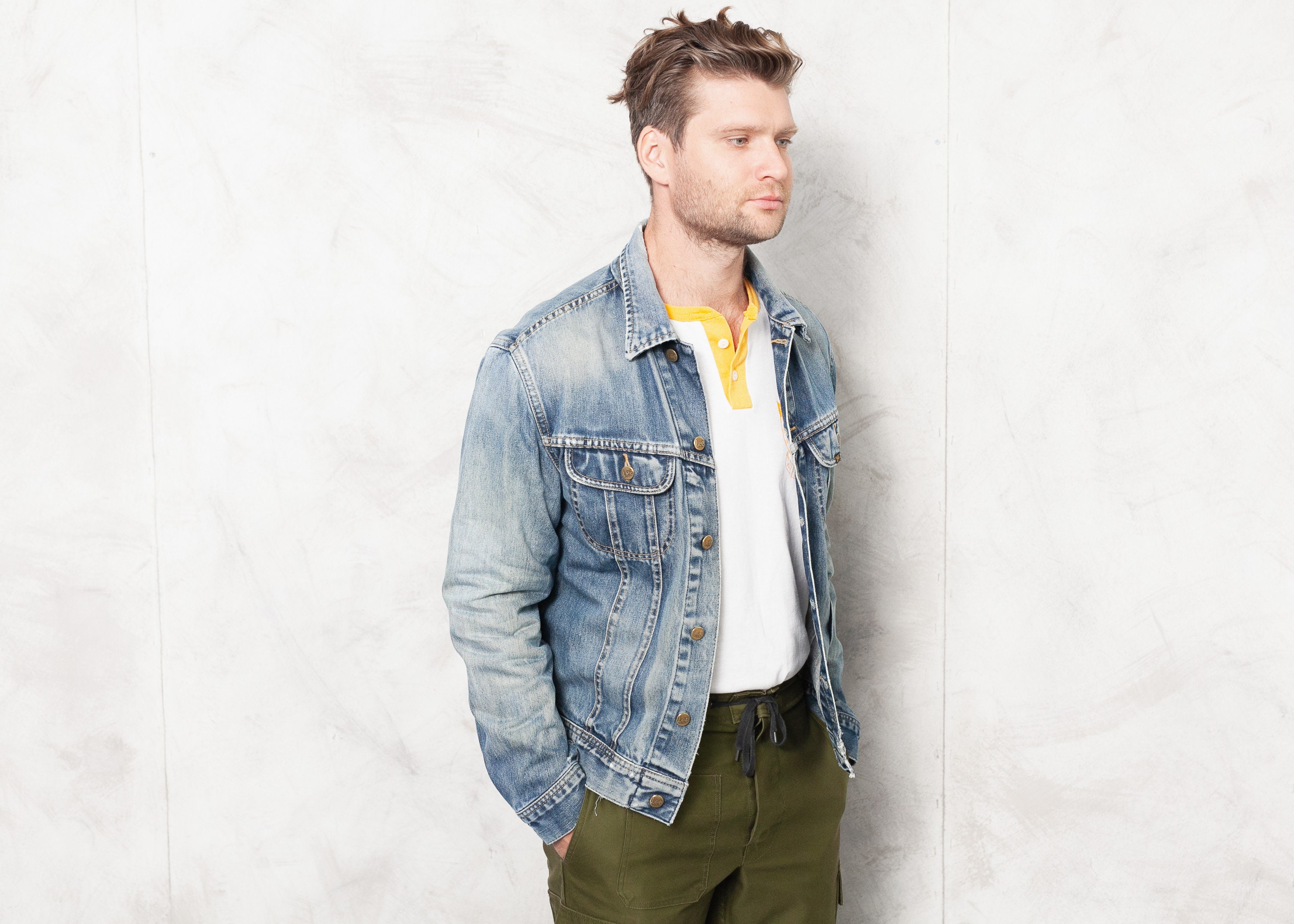 LEE Denim Jacket Vintage 90s Faded Jean Jacket Distressed Men Denim ...