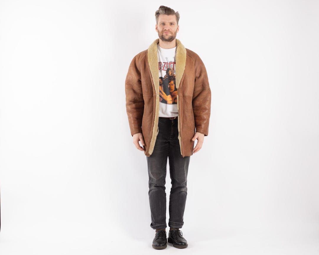 80s Vintage Men Distressed Sheepskin Coat, Size M/L Sheepskin Coat ...