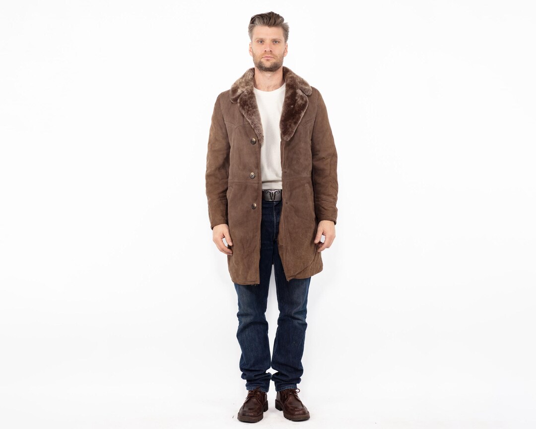 70s Distressed Sheepskin Cowboy Coat - Men's Vintage Western Overcoat M ...