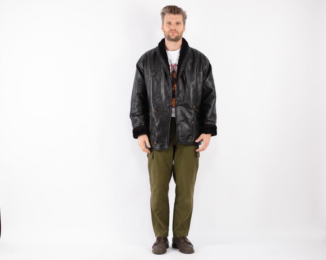 90s Black Faux Shearling Coat, Vintage Coat Size L, Western Cowboy ...