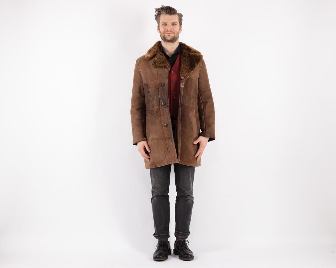 70s Brown Sheepskin Coat, Distressed Western Overcoat, Men's Size M - Etsy