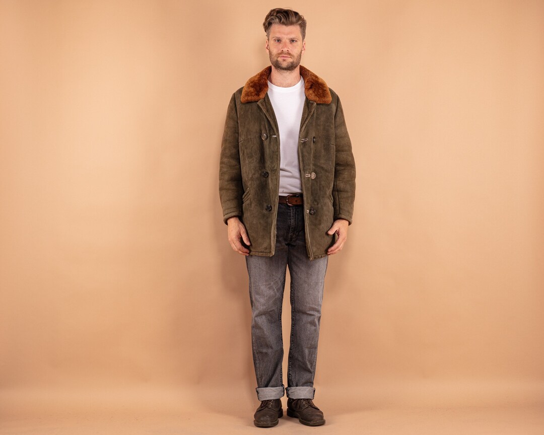 70s Sheepskin Shearling Coat, Green Sheepskin Coat L Size, Men Western ...