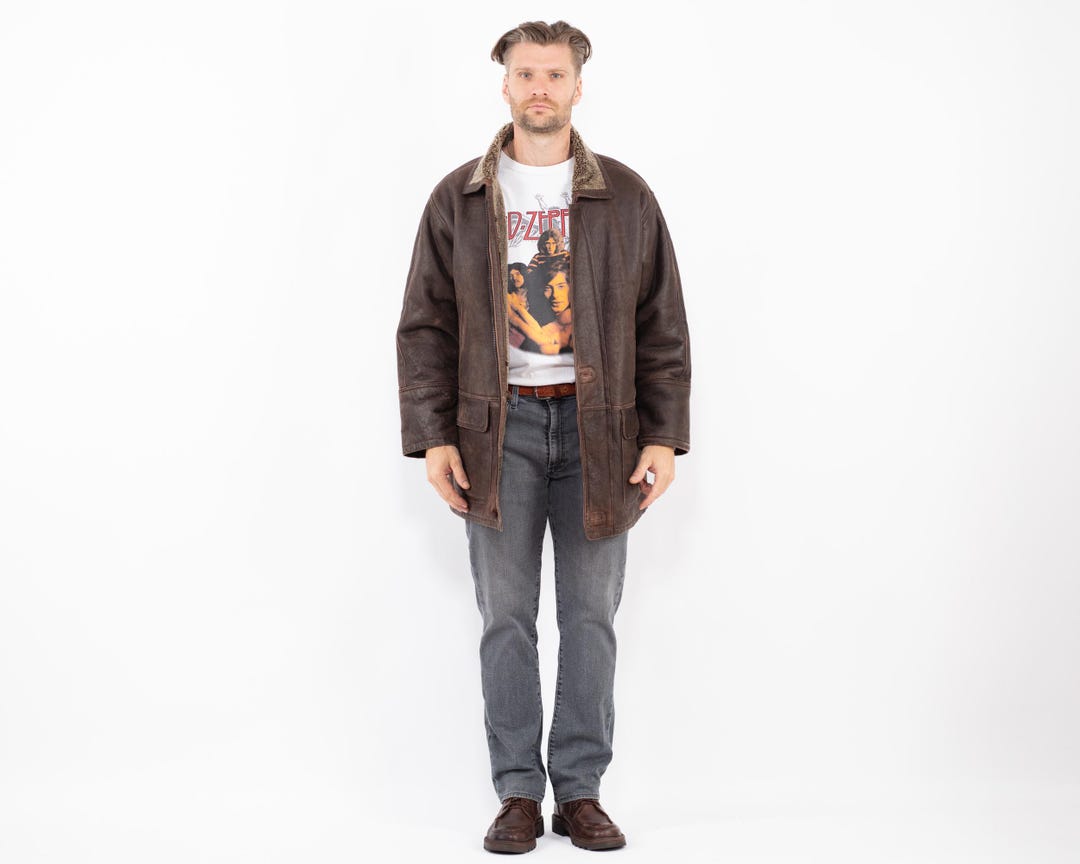 80s Vintage Brown Sheepskin Coat, Rugged Western Overcoat, Men's Size L ...