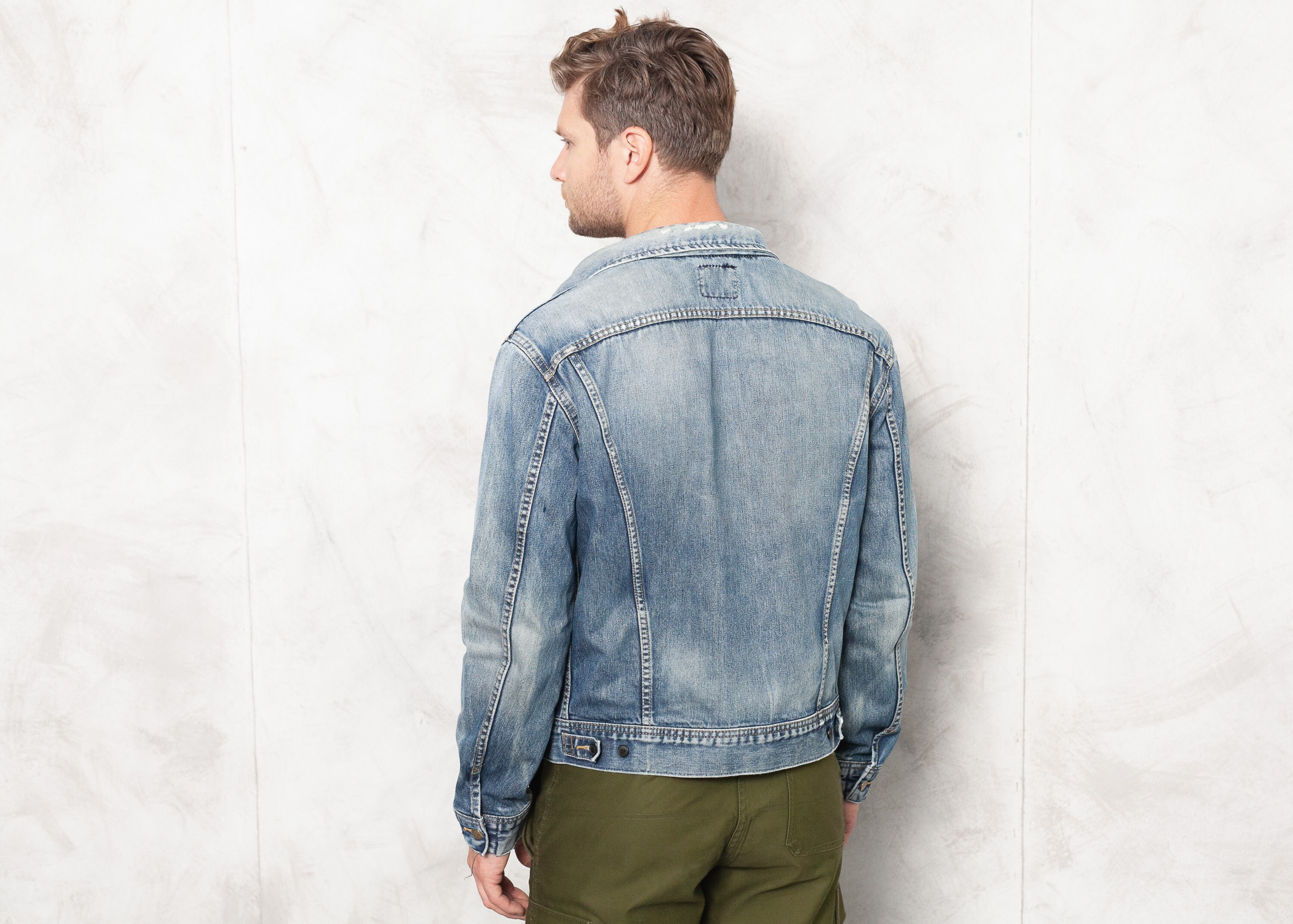LEE Denim Jacket Vintage 90s Faded Jean Jacket Distressed Men Denim ...