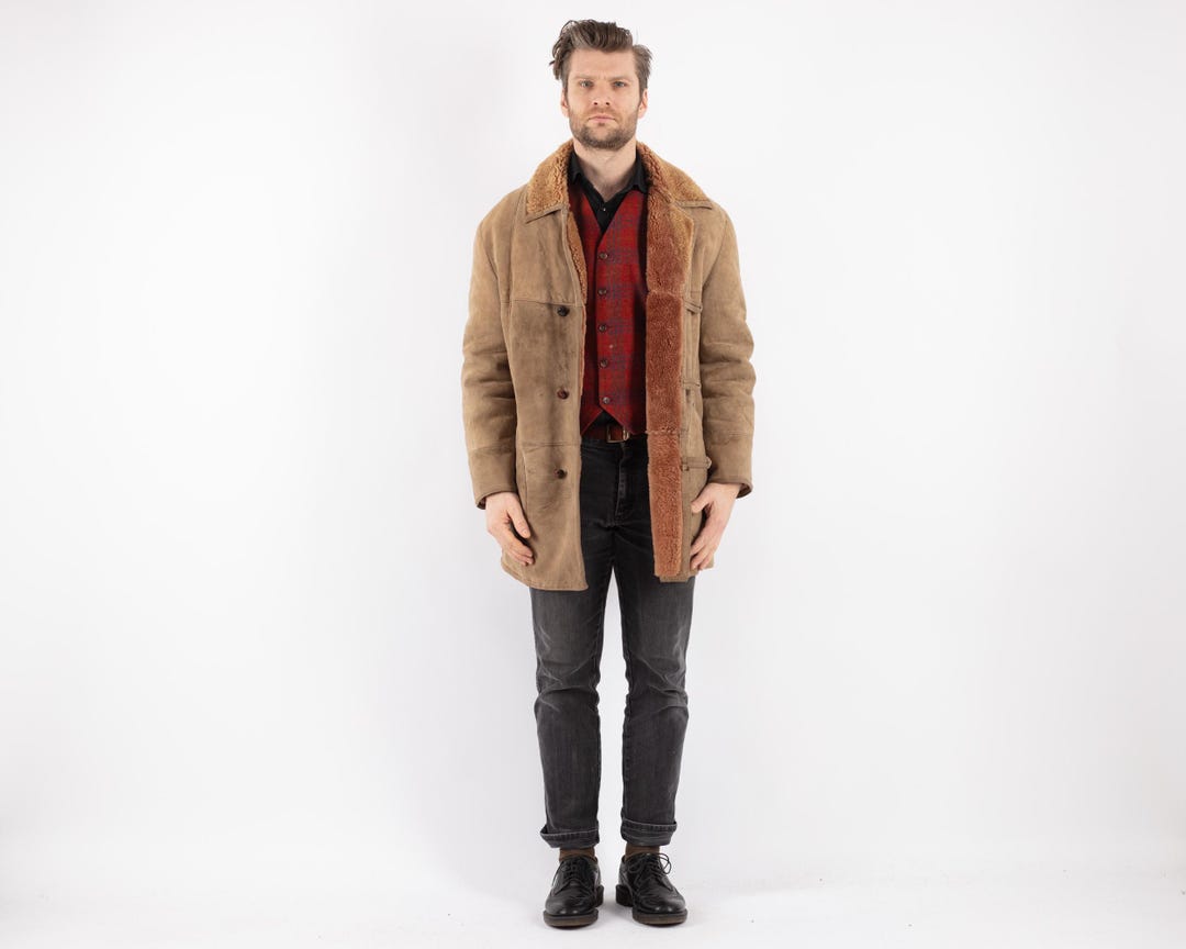 70s Vintage Sheepskin Coat, Distressed Western Overcoat, Men's Size L ...