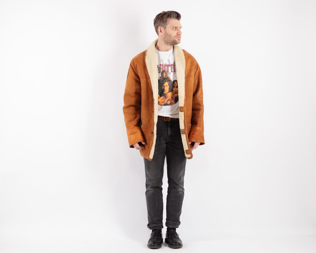 80s Vintage Distressed Sheepskin Coat, Men's Size M/L Sheepskin Coat ...