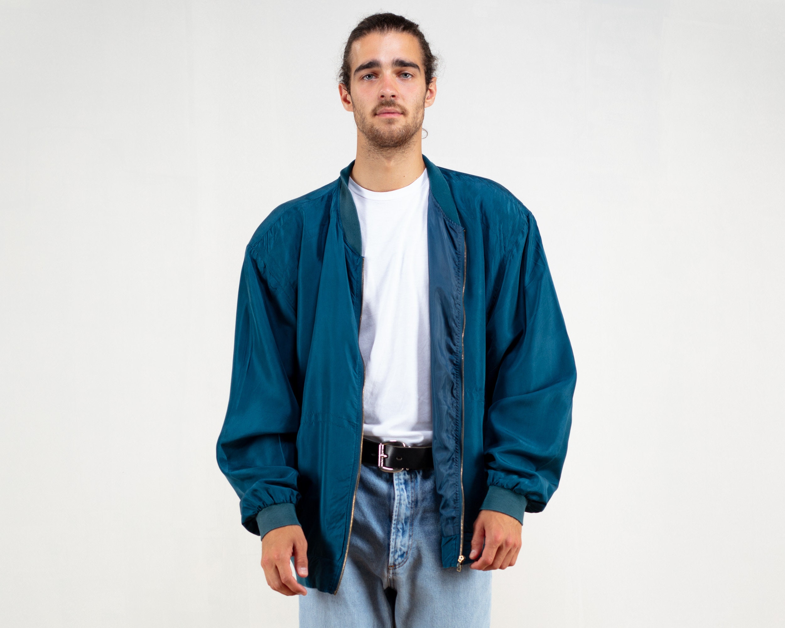 Silk Bomber Jacket men vintage 90s blue outdoor jacket men | Etsy