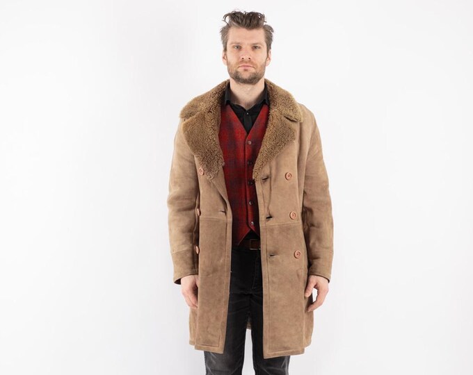 70s Vintage Sheepskin Coat, Western Cowboy Overcoat, Men's Size L - Etsy