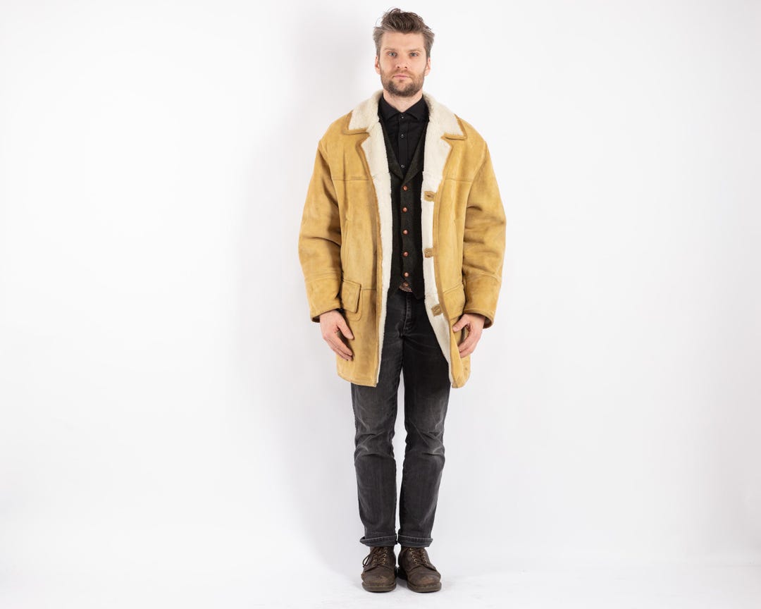 70s Distressed Sheepskin Coat, Men Size L Large Sheepskin Coat, Cowboy ...