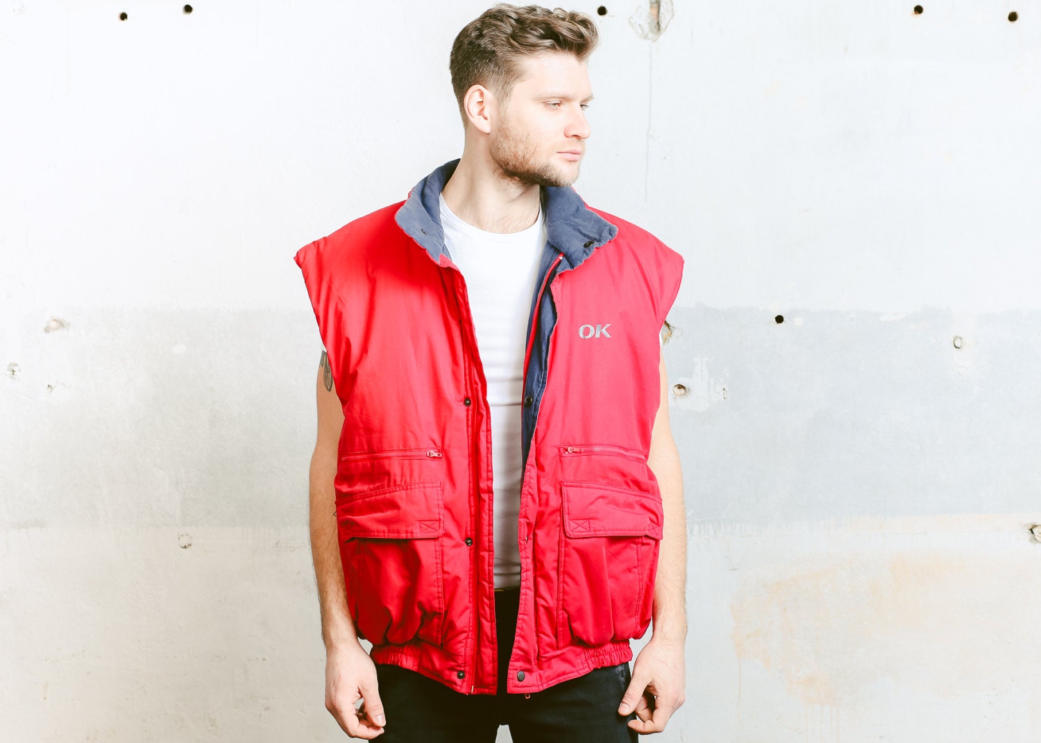 Vintage Red Gilet Vest . Mens 80's Sleeveless PUFFER Jacket Coat ...
