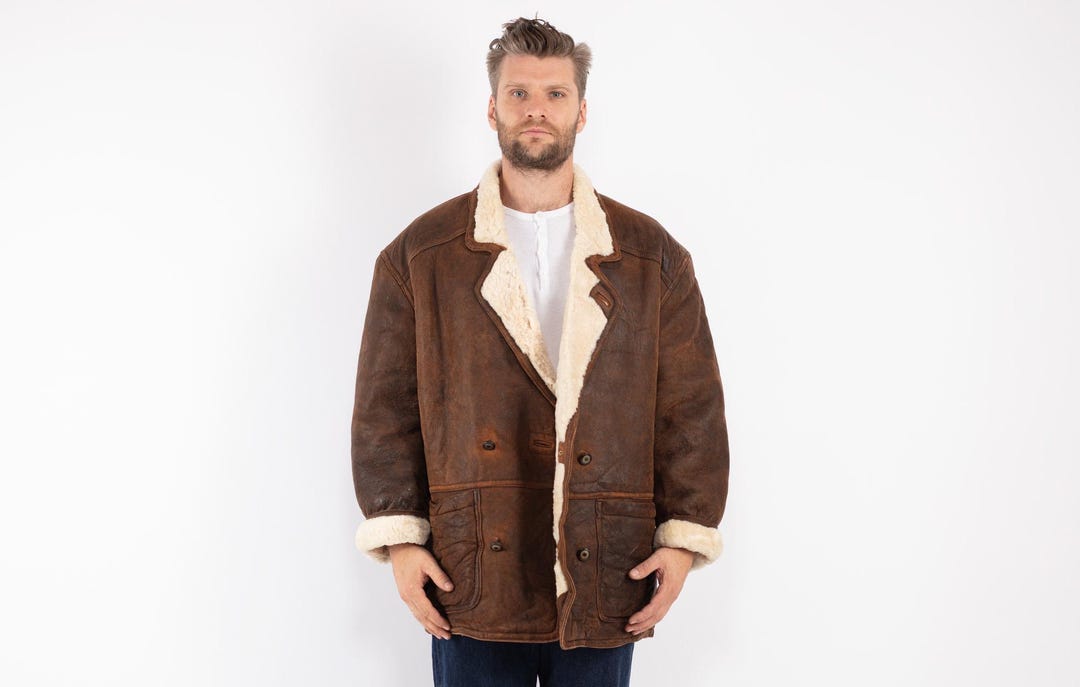 80s Men Brown Sheepskin Coat, Men Size XL Sheepskin Coat, 80s Shearling ...