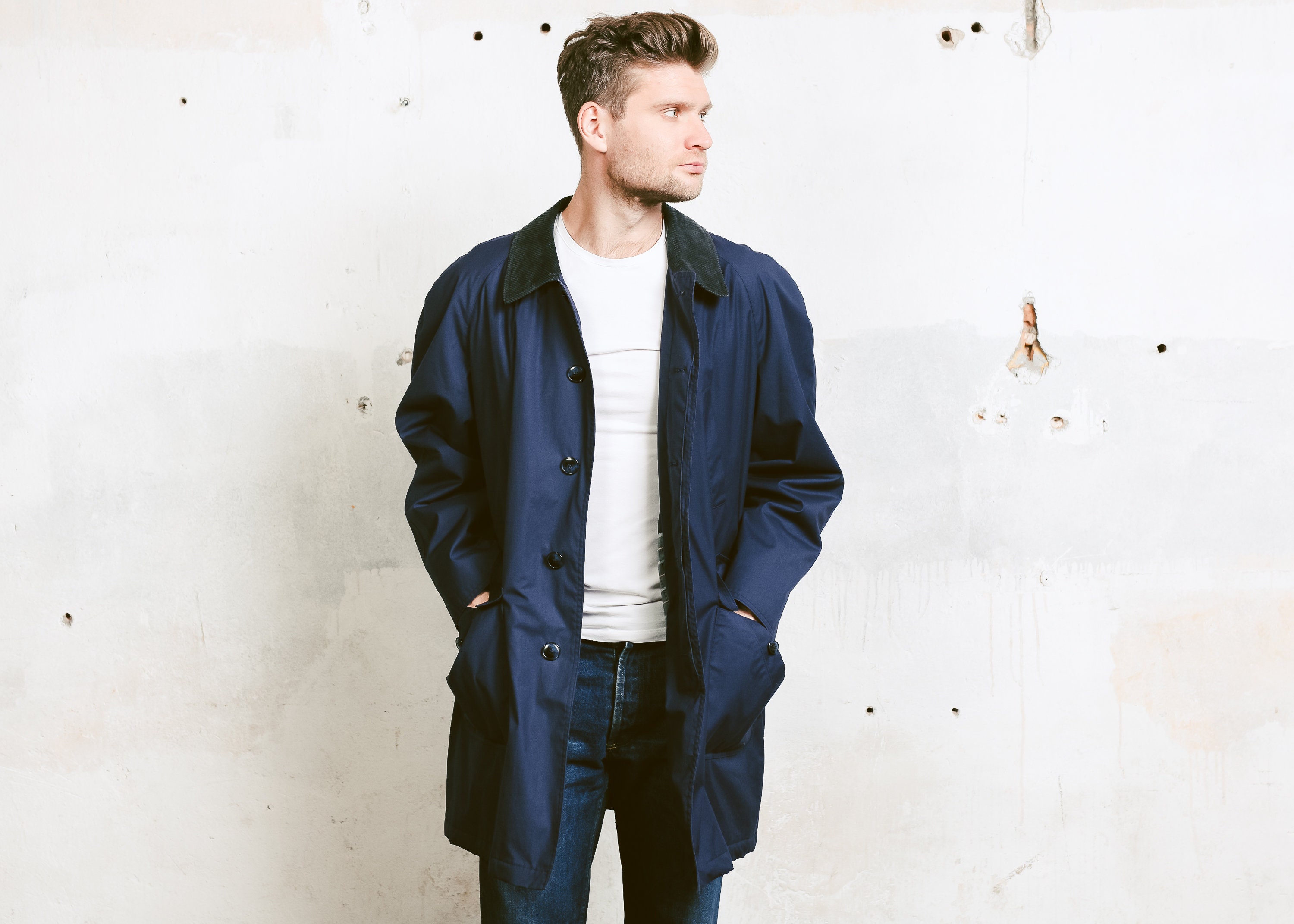 Navy Blue Men Duster Coat . Vintage Detective 80s Rain Coat Film Noir ...