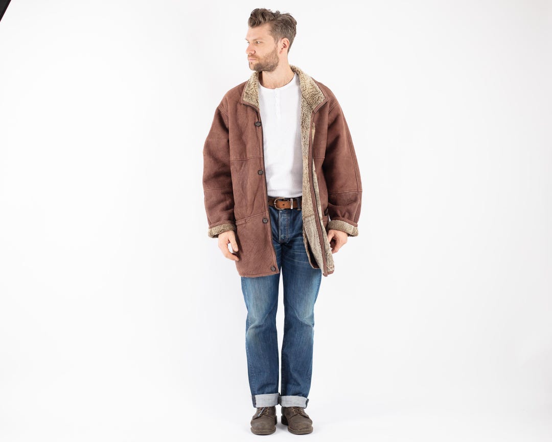 80's Brown Sheepskin Shearling Coat, Size XL, Vintage Western Coat ...