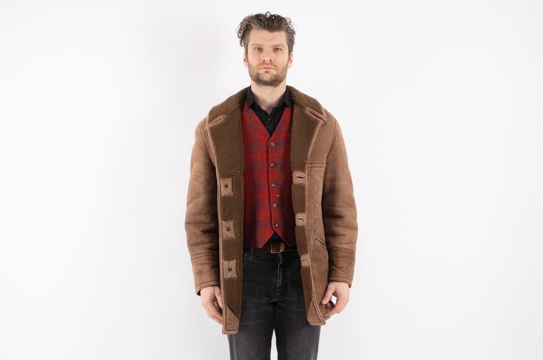 70s Vintage Sheepskin Coat: Beige Western Overcoat, Men's Size L - Etsy