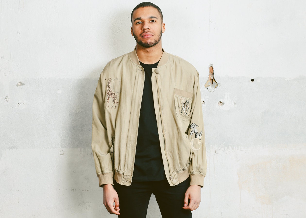 Vintage Bomber . 90s Men's Jacket 1990s Grunge Hipster Beige Animal ...