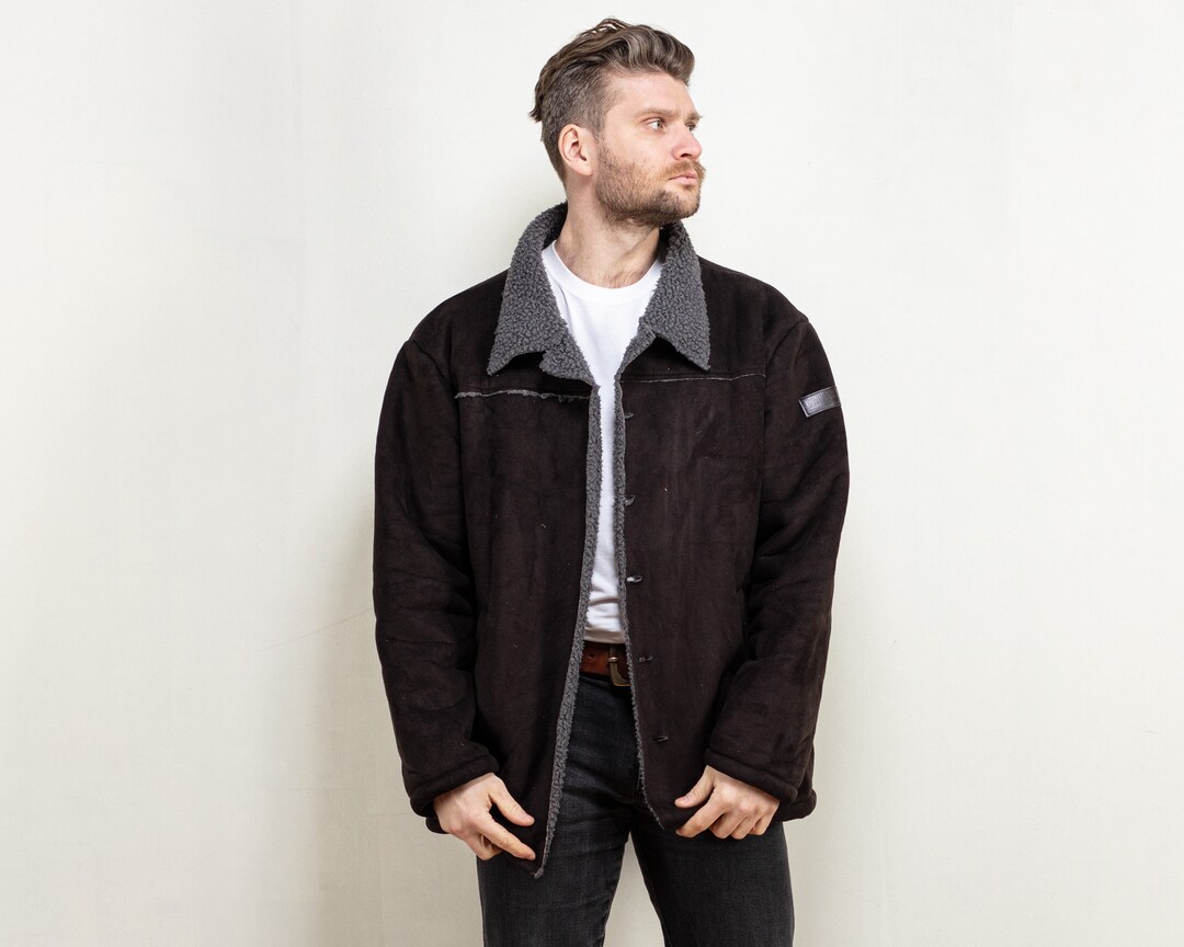 Men Faux Suede Coat 90's Black Coat Faux Suede Sherpa Faux Shearling ...