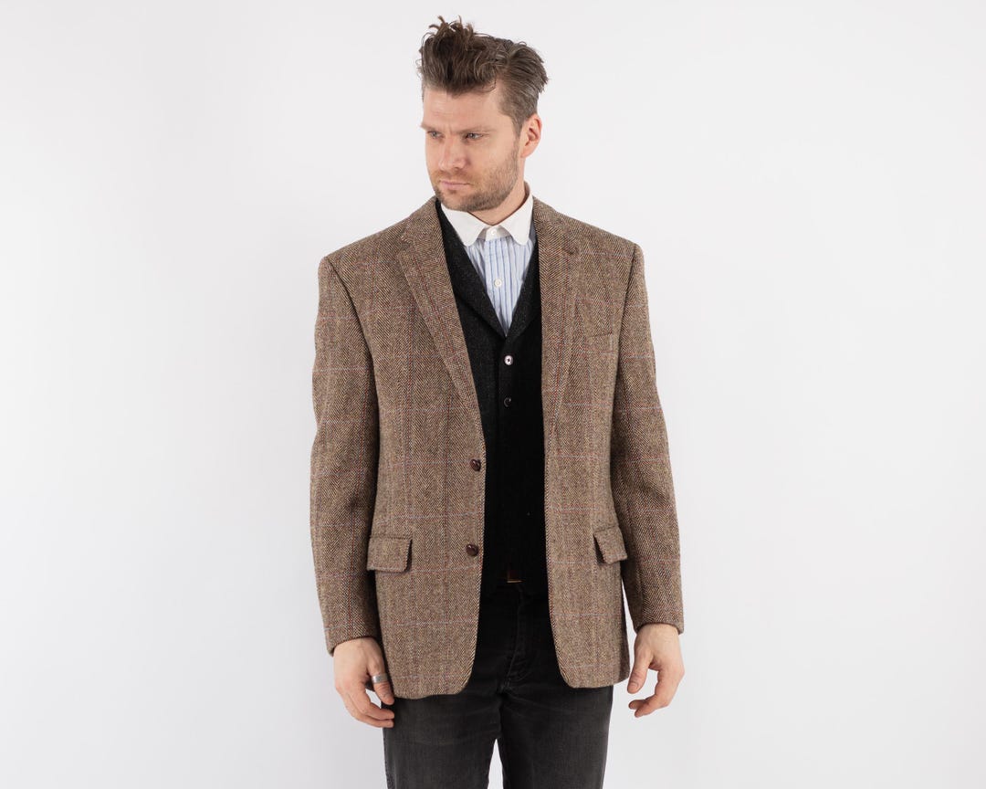 90's Plaid Herringbone Tweed Blazer Jacket, Size L Men Tweed Blazer ...