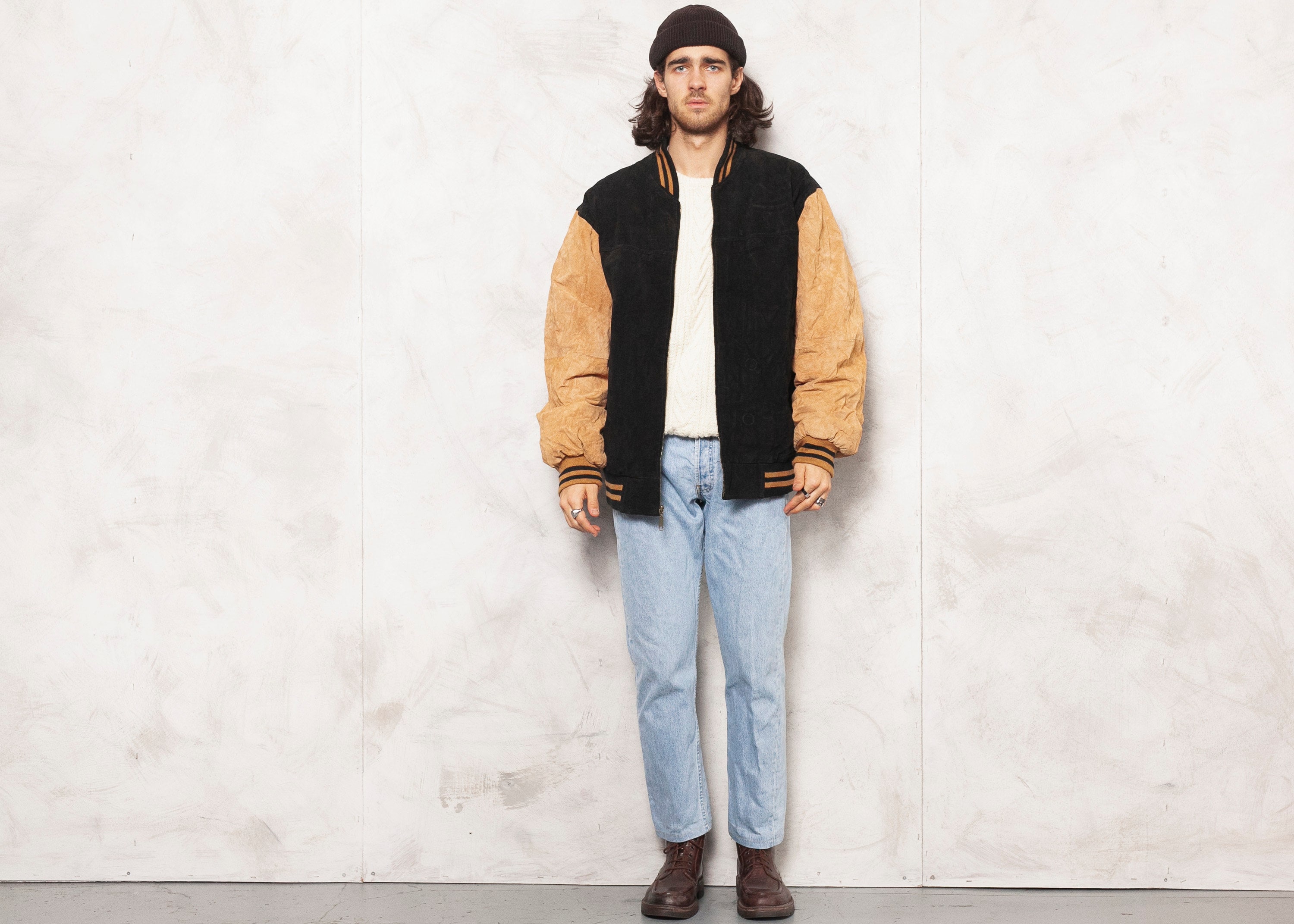 Black Bomber Jacket Suede 90s Jacket Men 1990s Aviator Jacket Coat Men ...