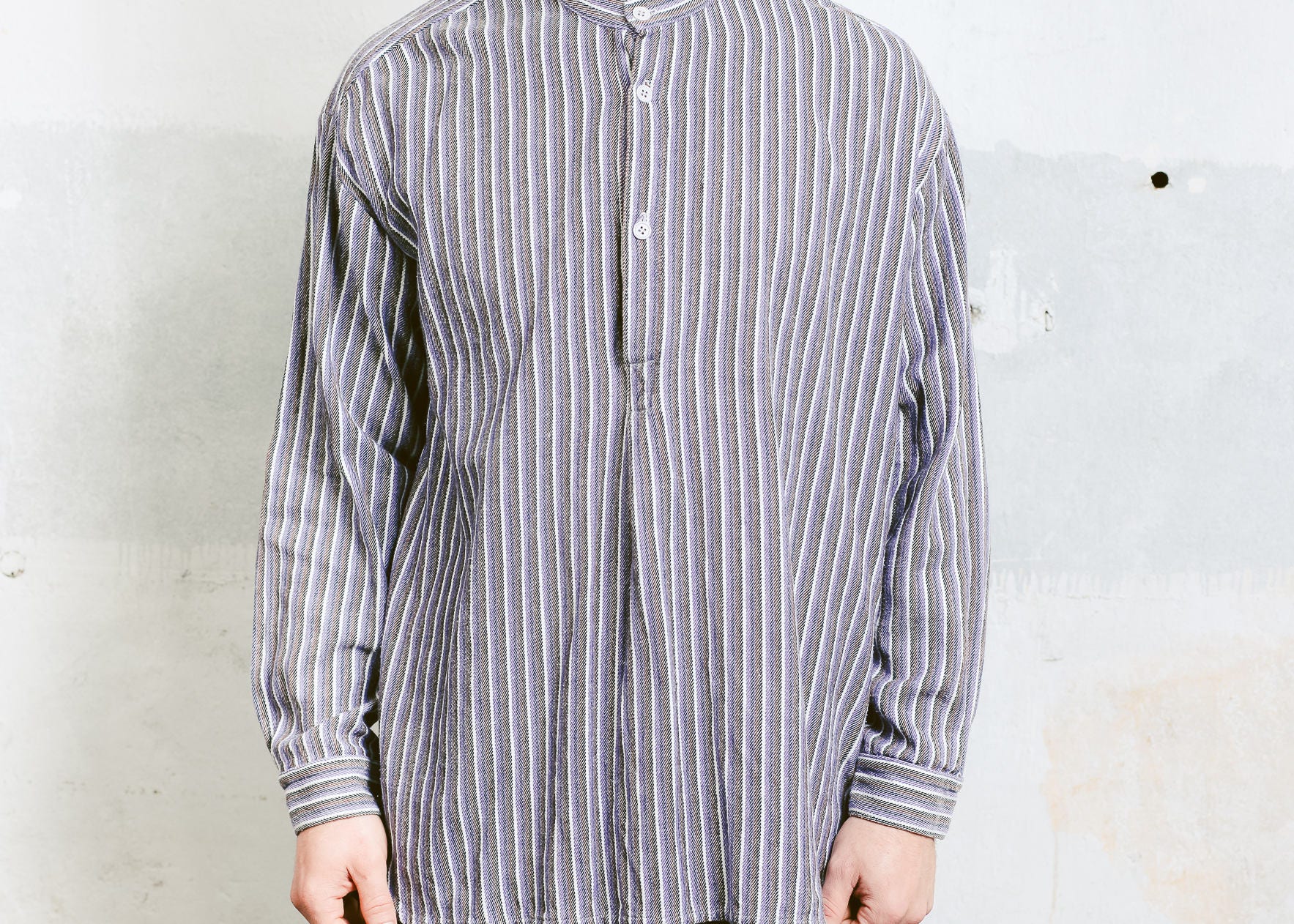 Mens Collarless Work Shirt Vintage Mens Striped Workwear Shirt