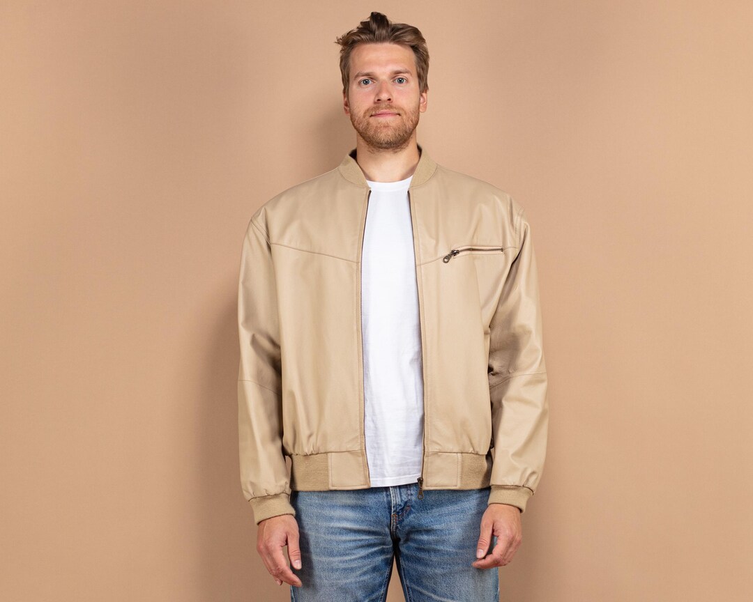 Leather Bomber Jacket, Men Size L Leather Jacket, Retro Leather Jacket ...