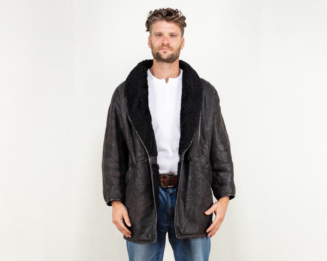 Men Sheepskin Coat 80's Vintage Black Shearling Outerwear Cowboy Shearl ...