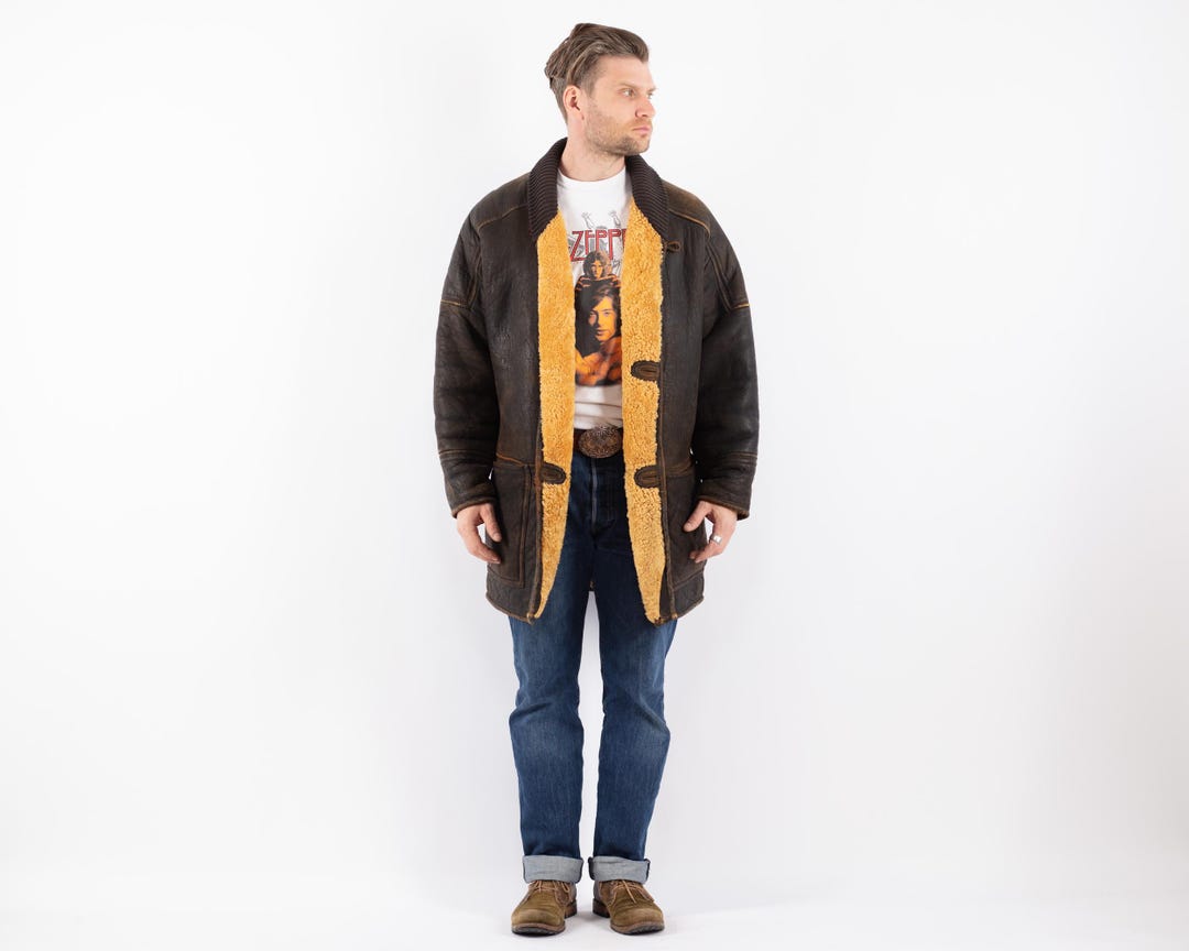 70s Vintage Shearling Coat, Sheepskin Western Overcoat, Men's Size L - Etsy