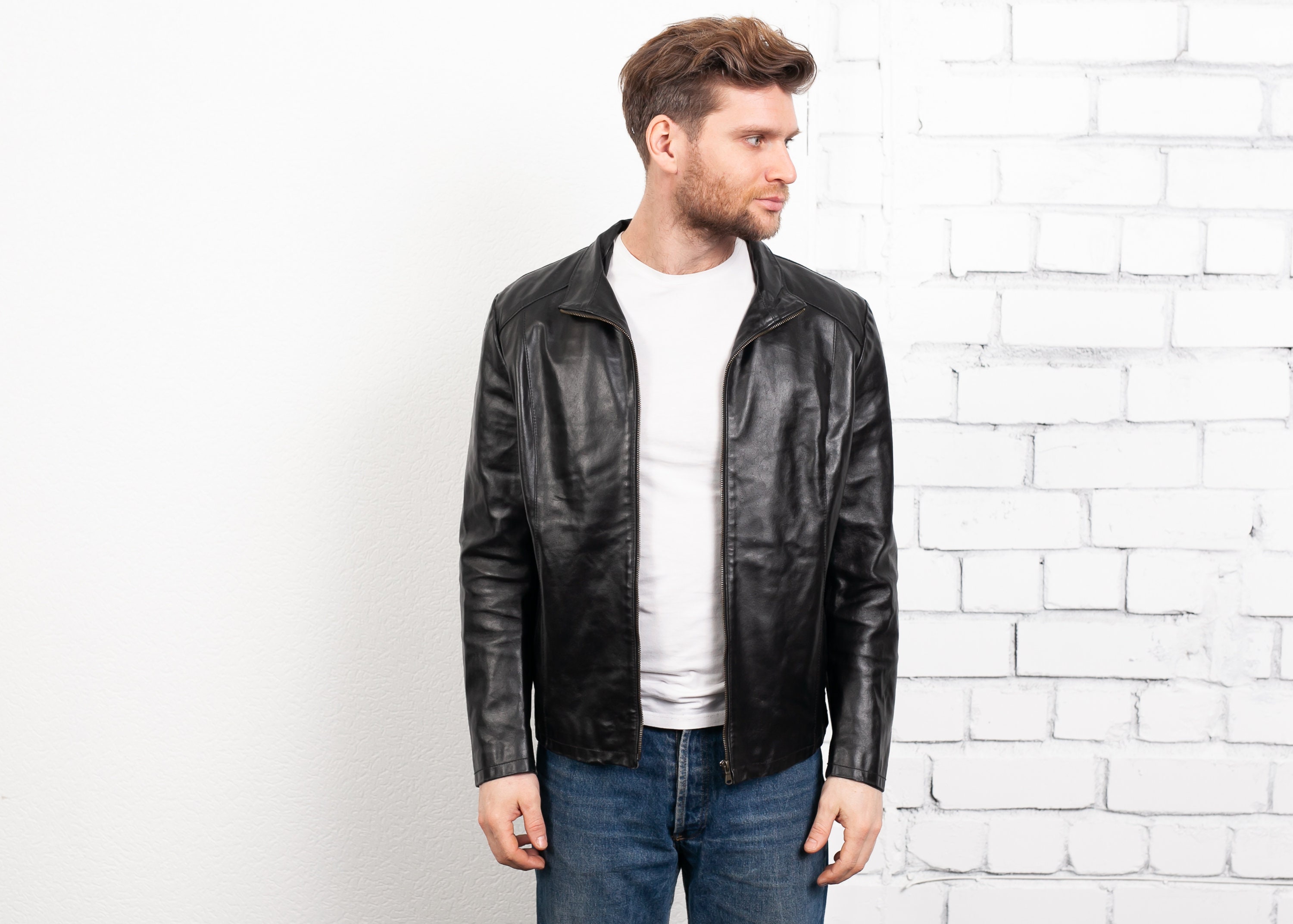Black Leather Jacket . Vintage Men's 90s Jacket Black Punk Rock 90s ...