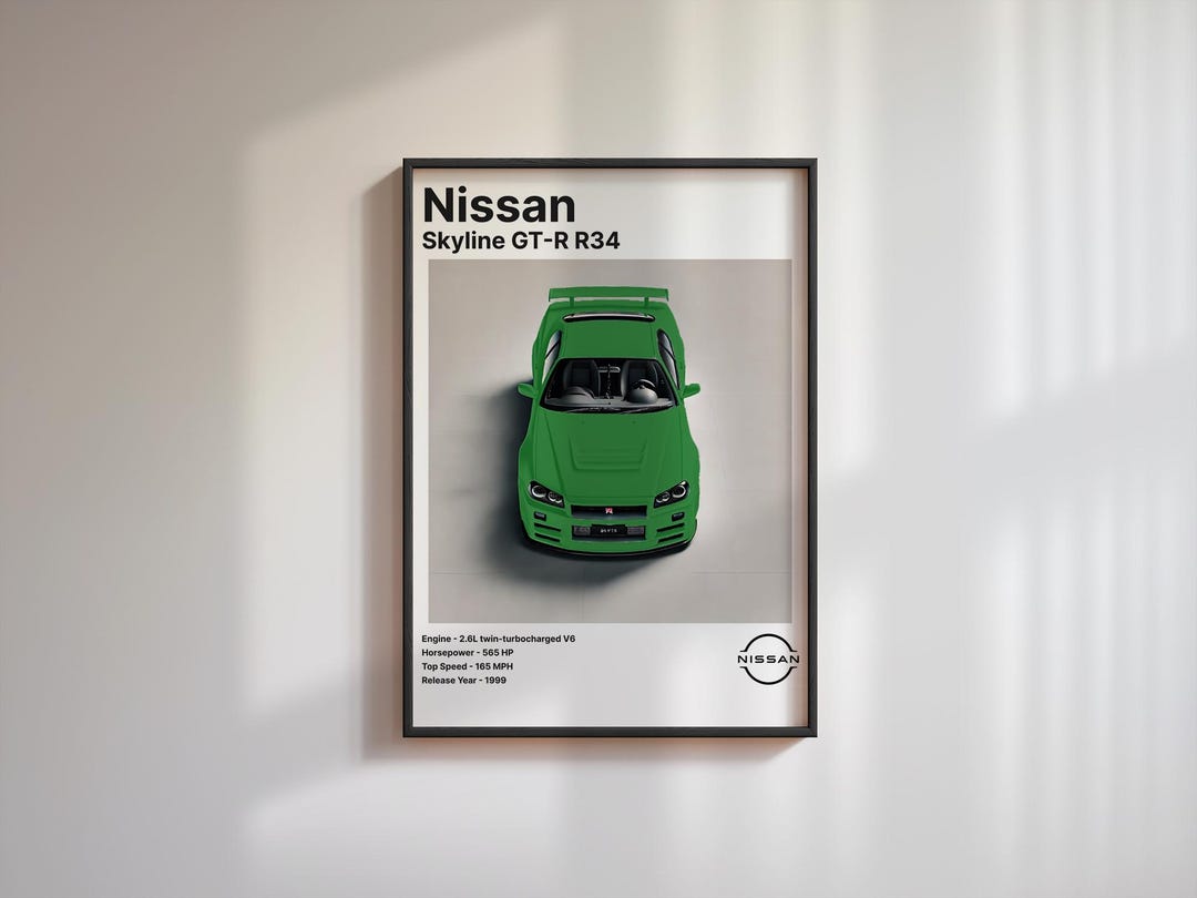 Green Nissan Skyline GT-R R34 Mid Century Modern Sports Car Poster ...