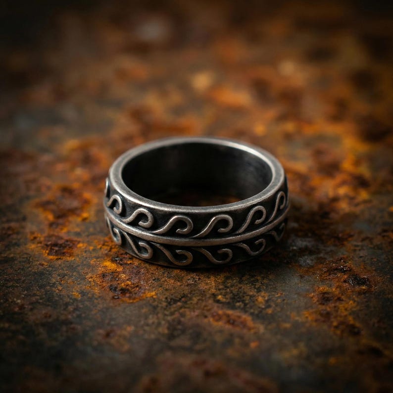 925 Sterling Silver Wave Ring, Oxidized Celtic Scroll Band, Rustic ...