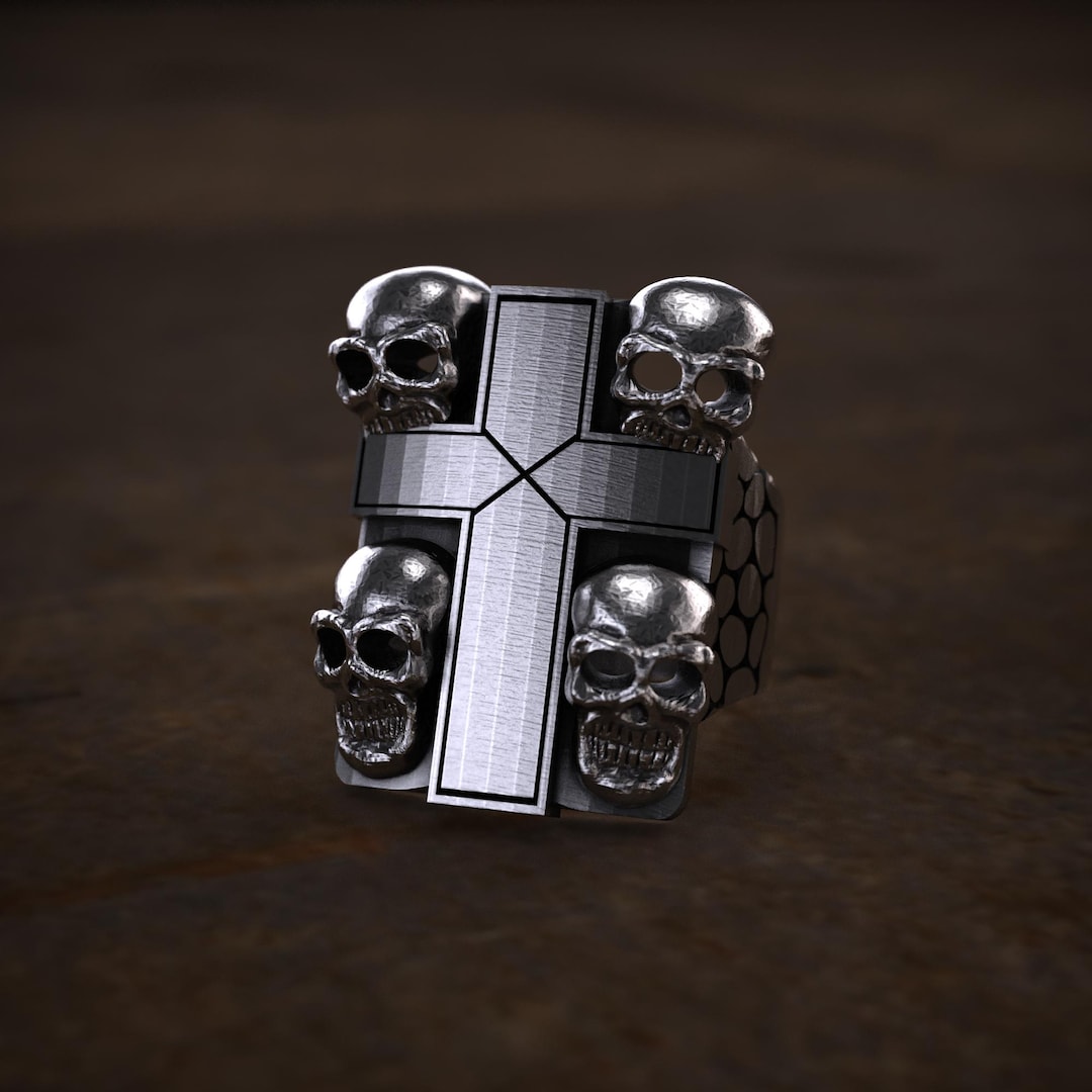 925 Sterling Silver Skull Cross Ring for Men, Biker Gothic Punk Style ...