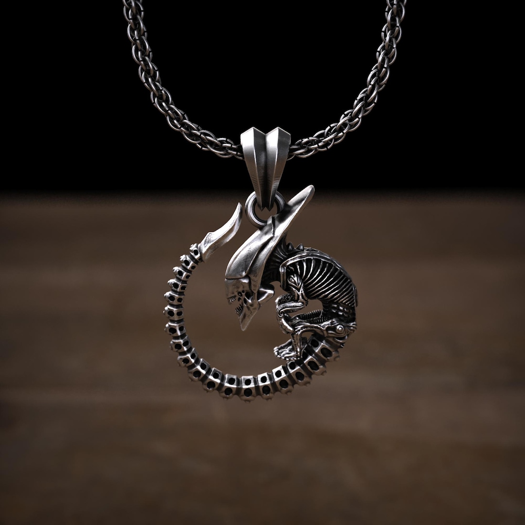 Alien Sci-fi Necklace, Silver Oxidized Cyberpunk Pendant, Gothic ...